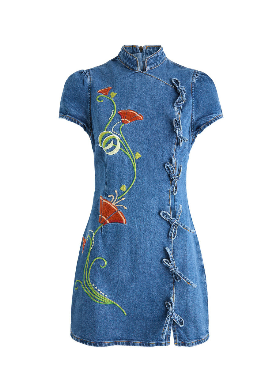 Kitri Harlow Floral-embroidered Denim Mini Dress KITRI