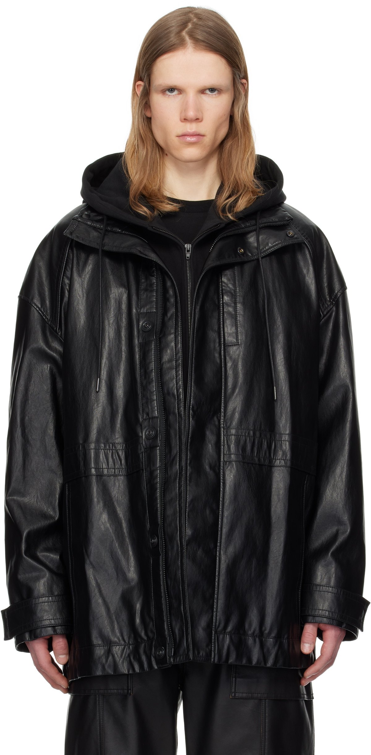 Juun.J Black Hood Detachable Car Faux-Leather Coat Juun.J