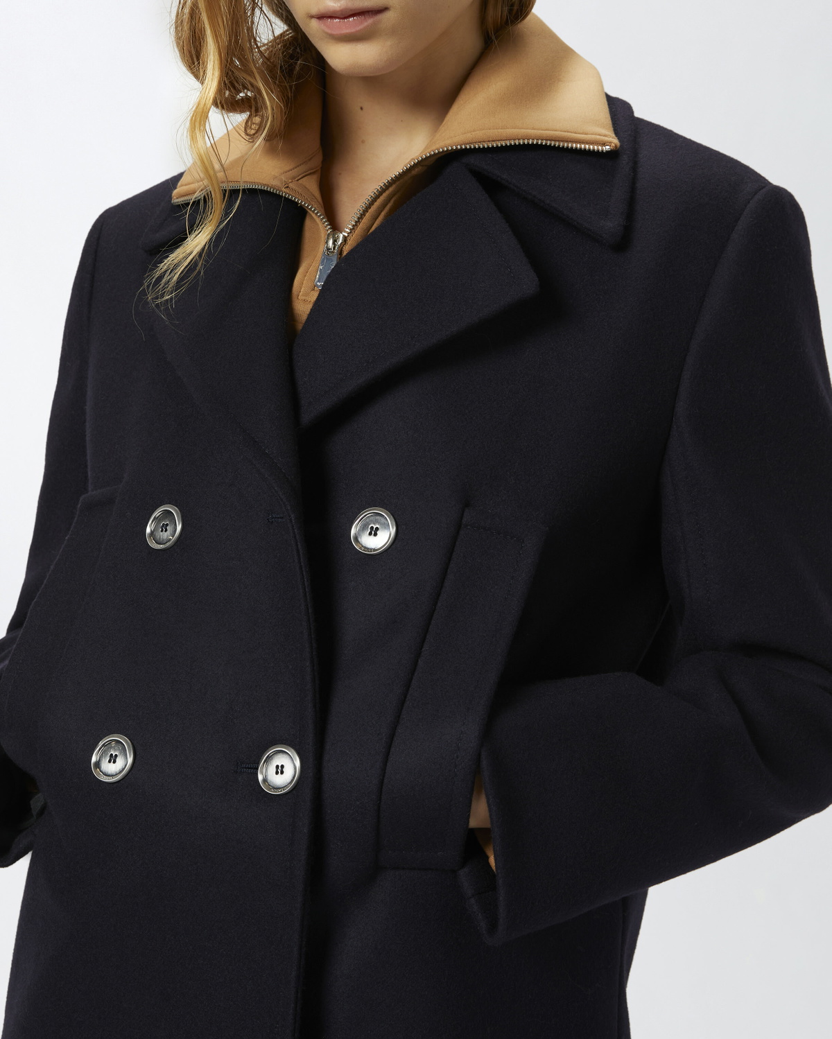 Pinko Short Double Breasted Wool Blend Pea Coat Dark Navy Blue Pinko