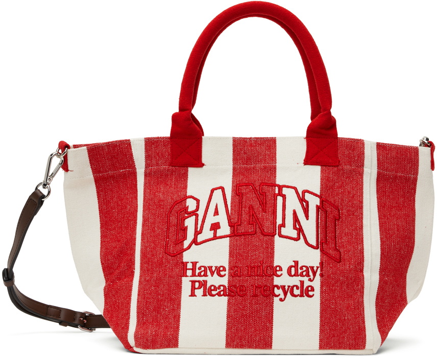 GANNI Red & Off-White Striped Small Shopper Tote GANNI
