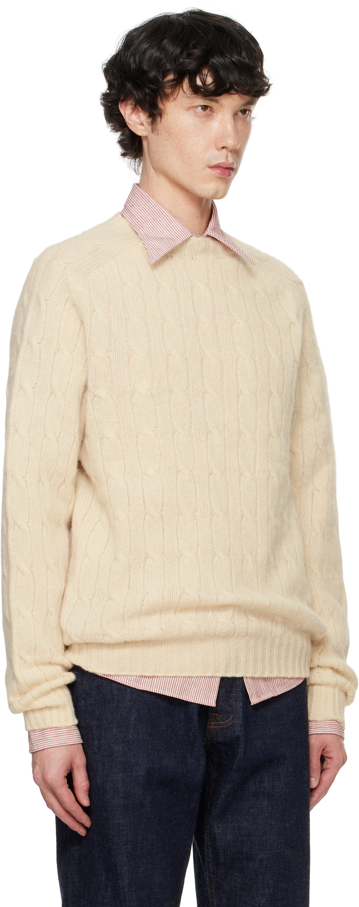 Drake's Off-White Brushed Shetland Cable Knit Sweater Drake's
