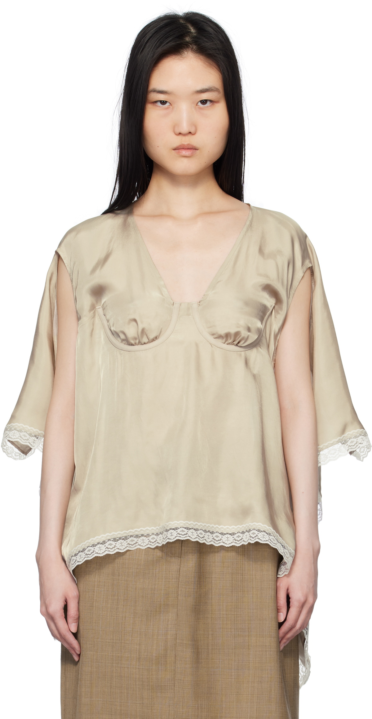 Pushbutton Beige Bra Point Square Blouse Pushbutton