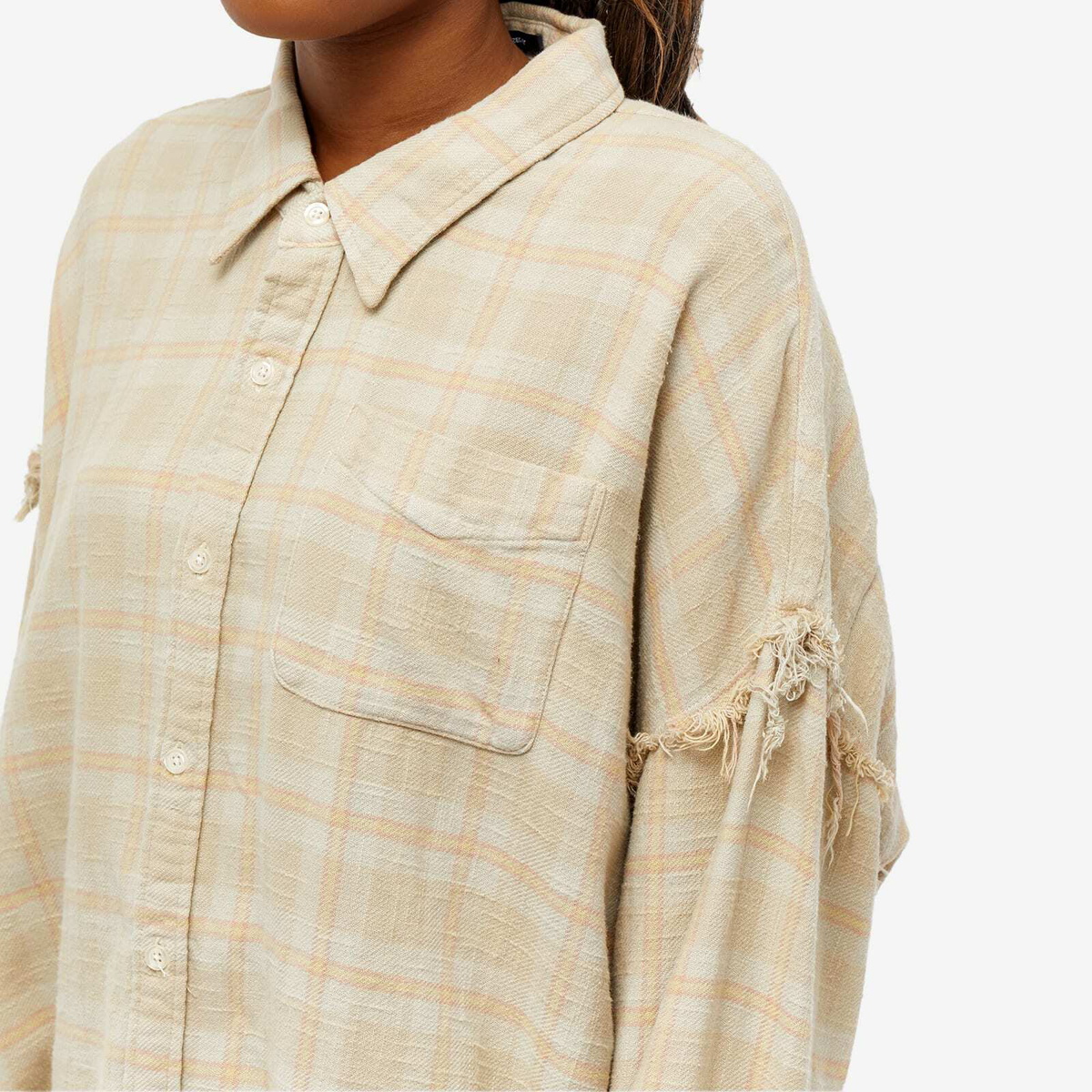 R13 Women's Shredded Seam Drop Neck Shirt in Khaki Overdye Plaid R13