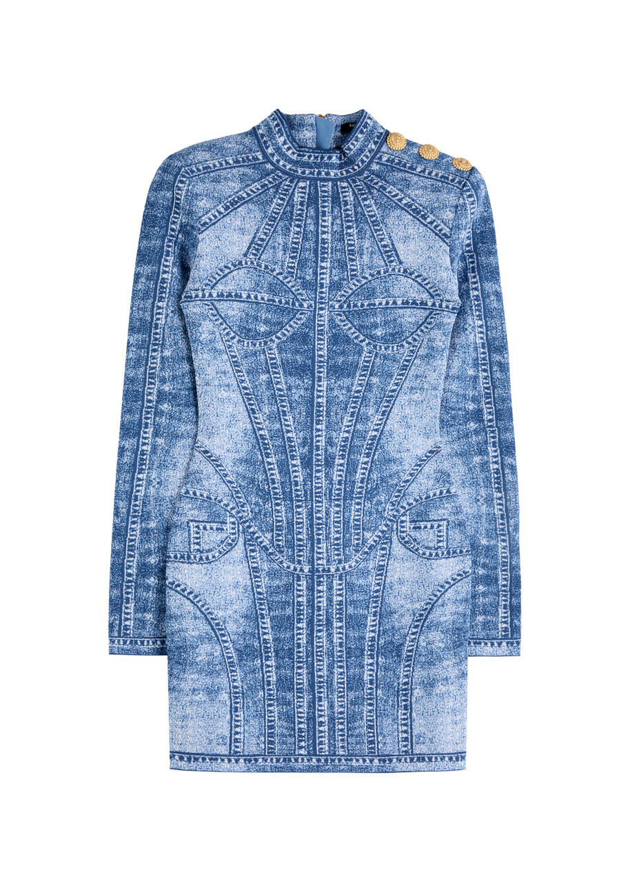 Balmain Denim-intarsia Knitted Mini Dress Balmain