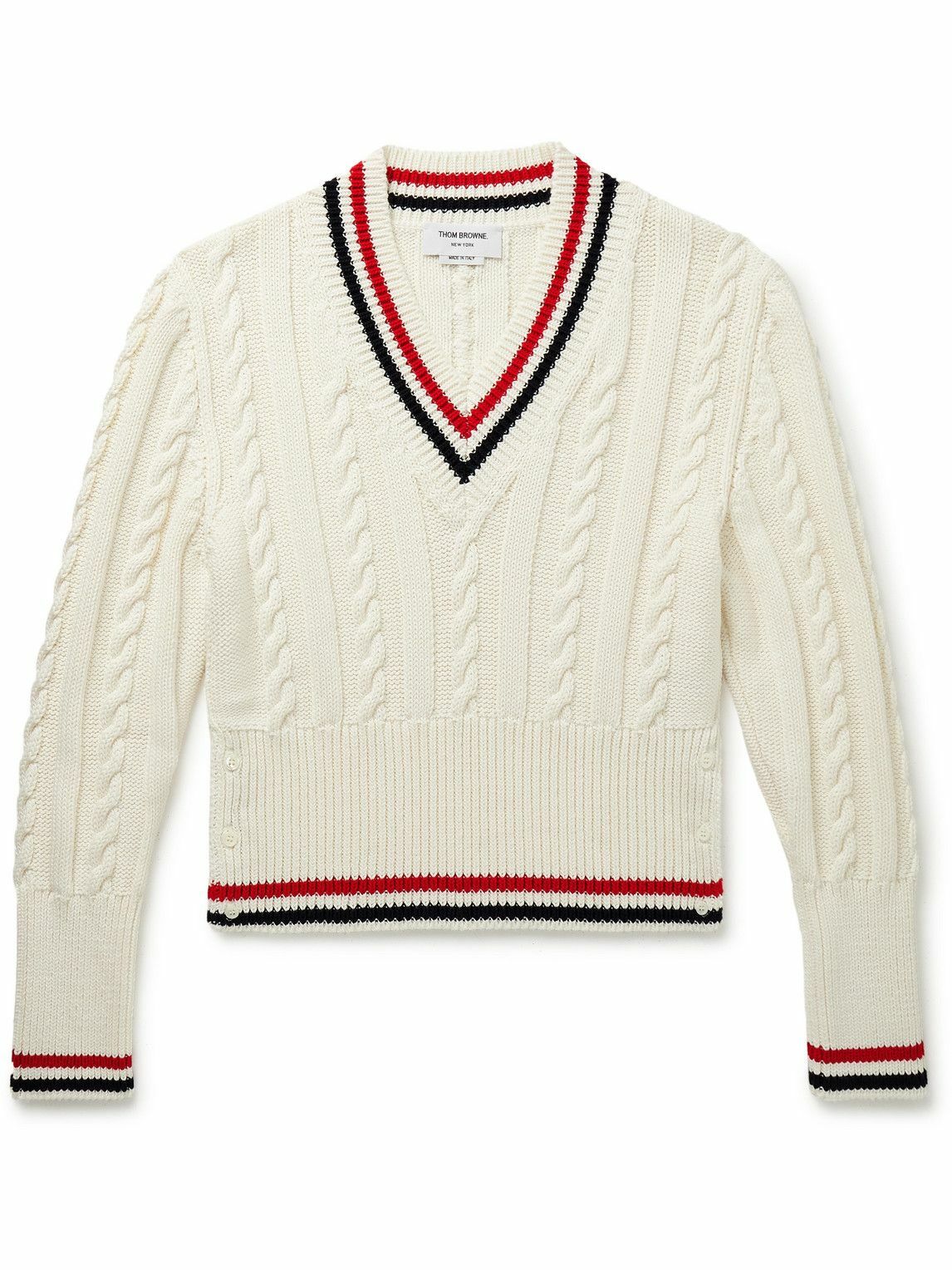 Thom Browne - Slim-Fit Cropped Striped Cable-Knit Cotton Sweater - White Thom Browne