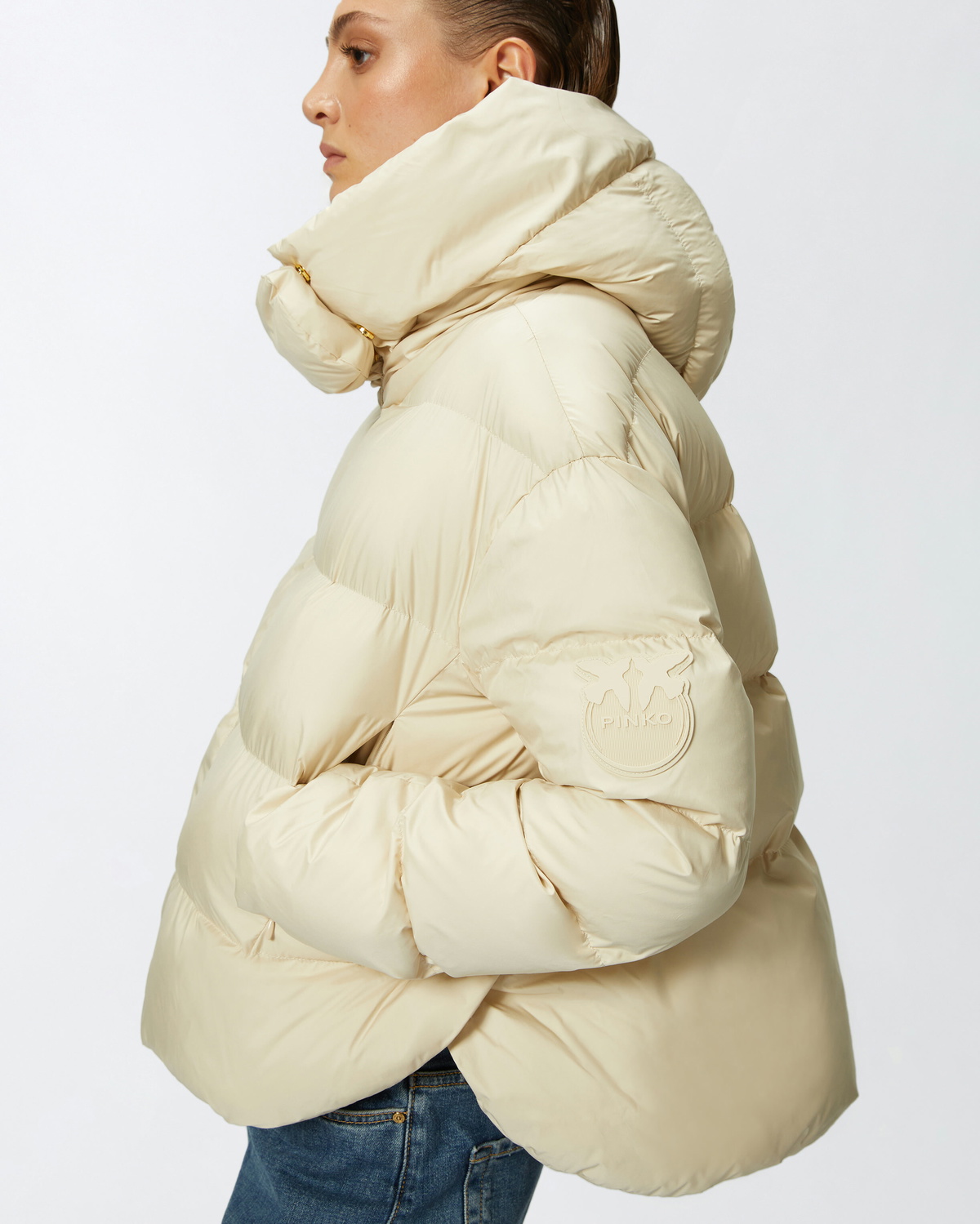 Pinko Padded Down Jacket With High Wrap Around Collar Oyster Grey Pinko
