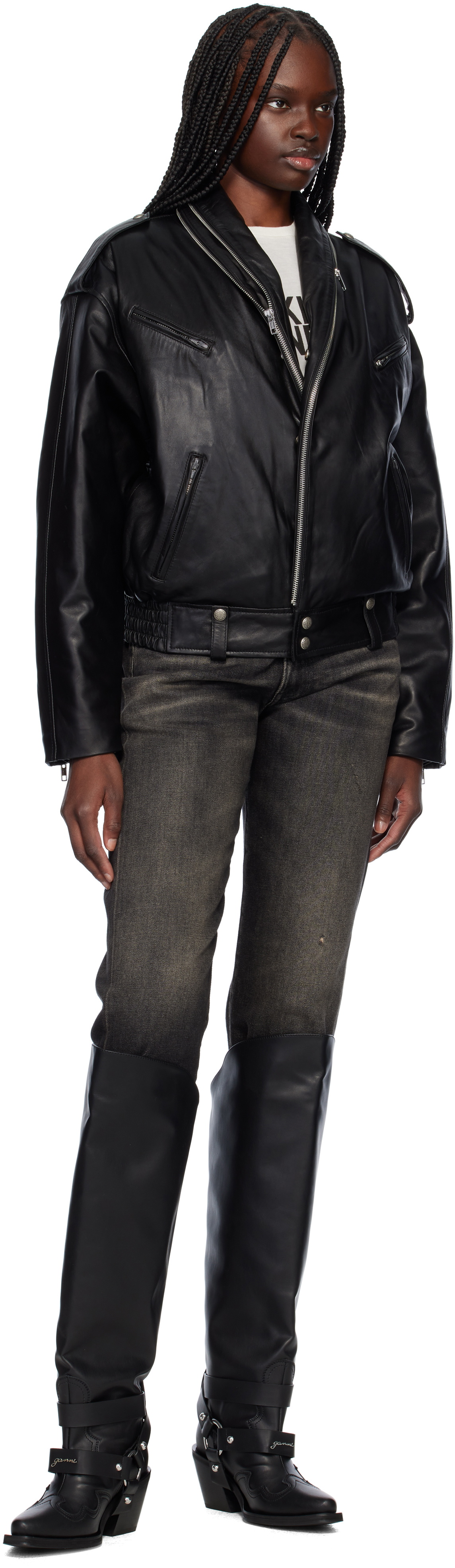 R13 Black Zip Collar Motorcycle Leather Jacket R13