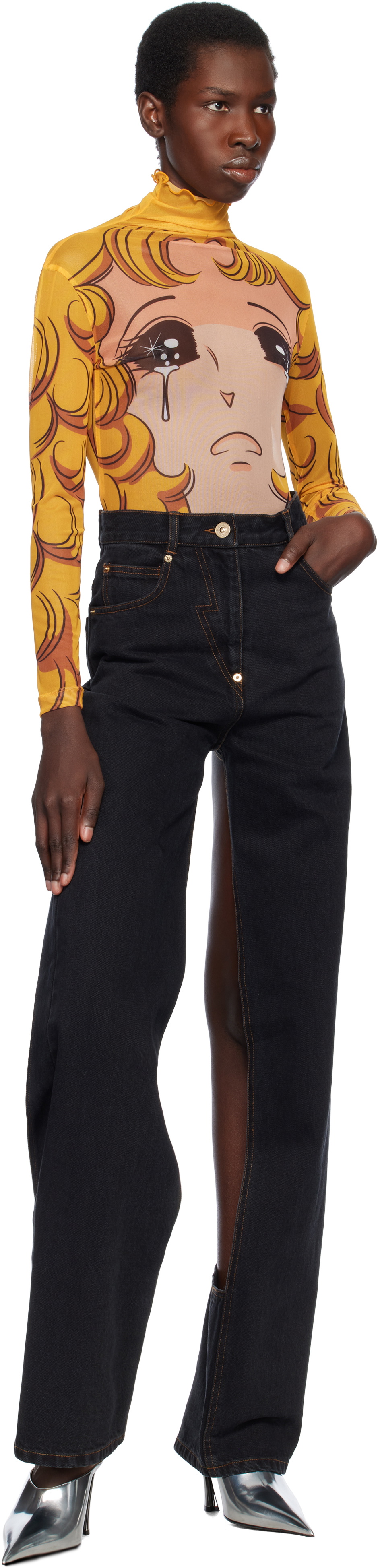 Pushbutton Yellow Crying Girl Mesh Turtleneck Pushbutton