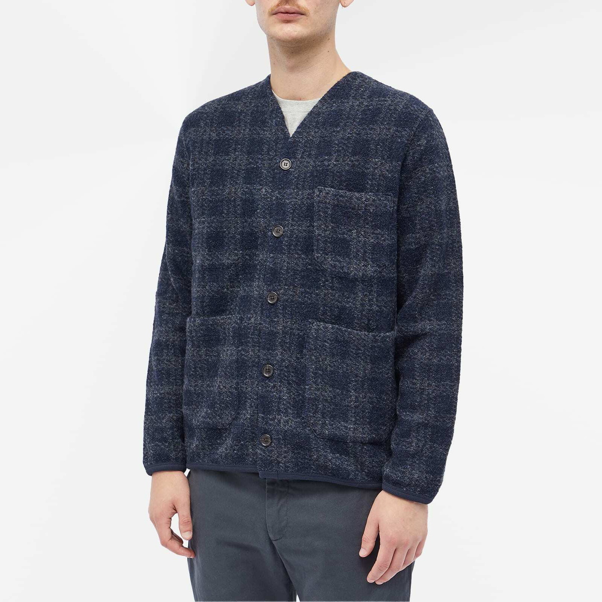 Universal Works Men's Check Wool Fleece Cardigan in Navy Universal Works