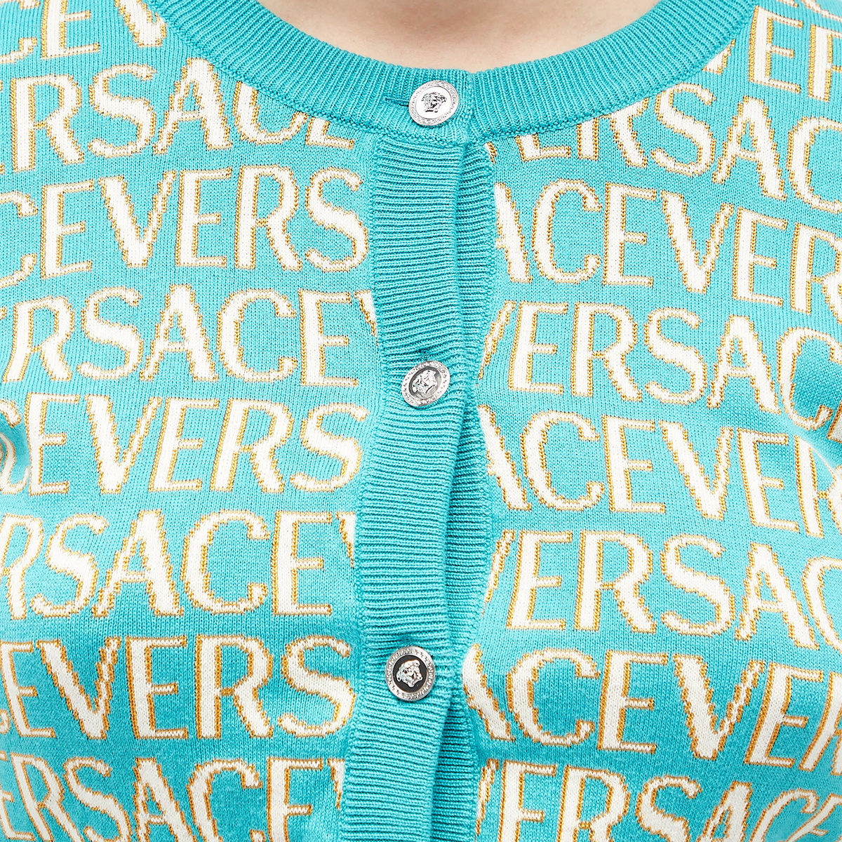Versace Women's Logo Cropped Knit Cardigan in Blue Versace