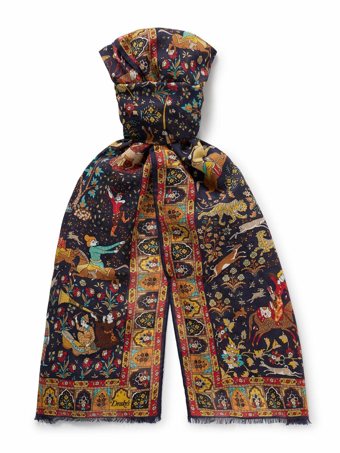 Drake's - Fringed Printed Wool and Silk-Blend Scarf Drake's