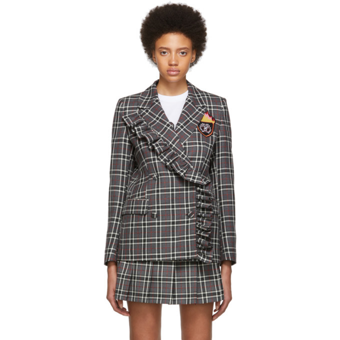 MSGM SSENSE Exclusive Grey Checked Flame Crest Varsity Blazer MSGM