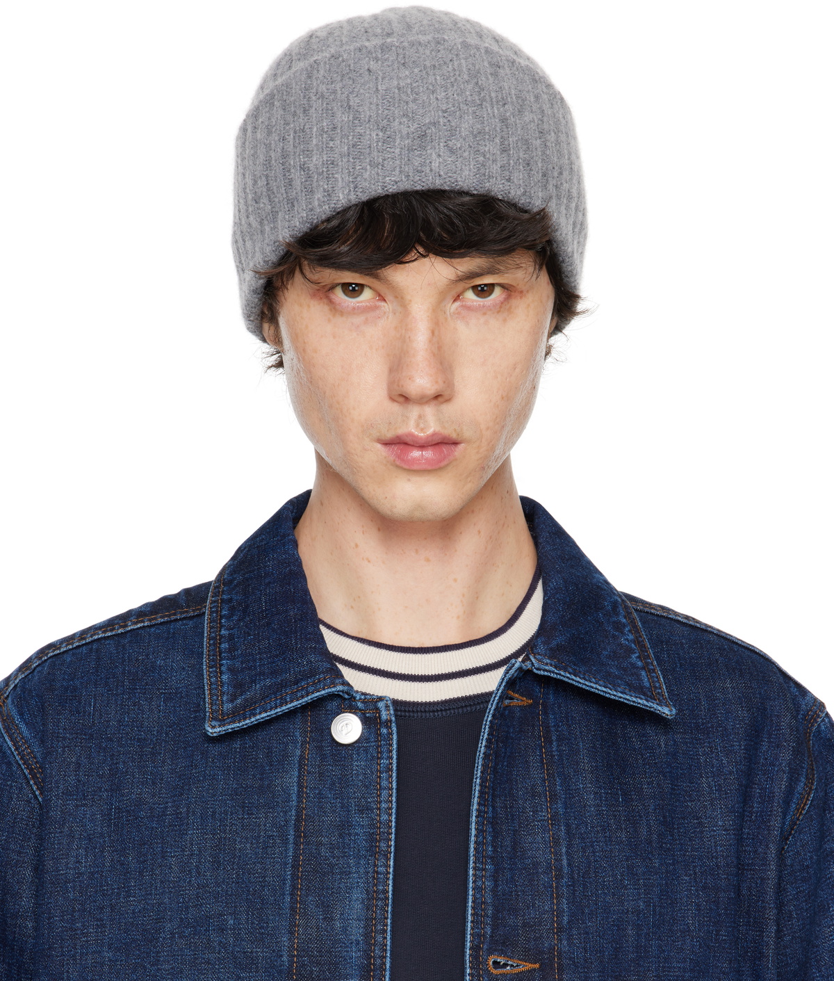 Drake's Gray Lambswool Ribbed Knit Beanie Drake's