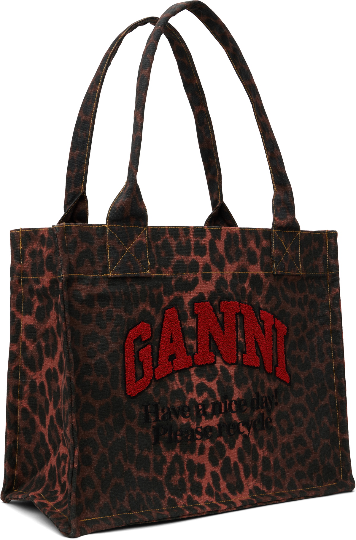 GANNI Red Leopard Print Canvas Tote GANNI