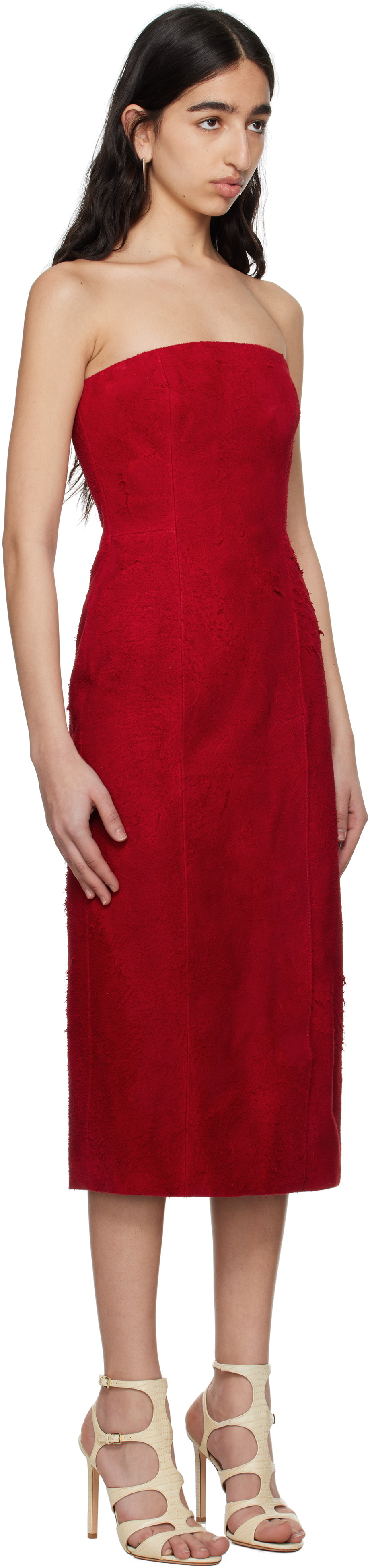 McQueen Red Strapless Suede Midi Dress Alexander McQueen