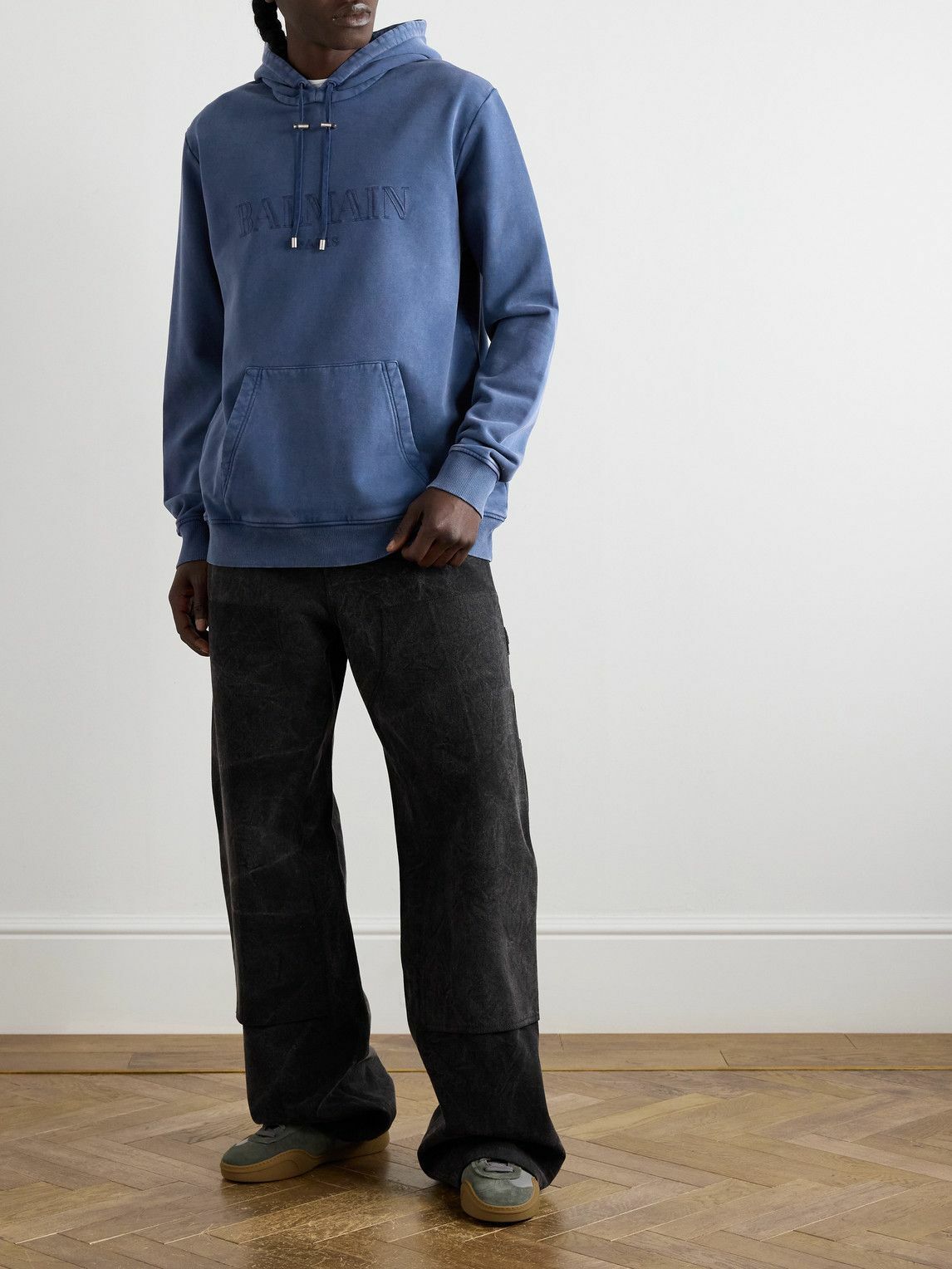 Balmain - Logo-Embroidered Cotton-Jersey Hoodie - Blue Balmain