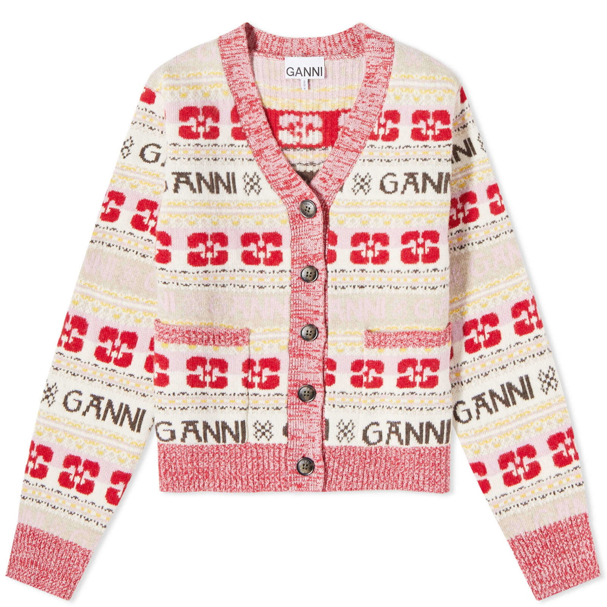 GANNI Women's Logo Wool Mix Cardigan in Multicolour GANNI