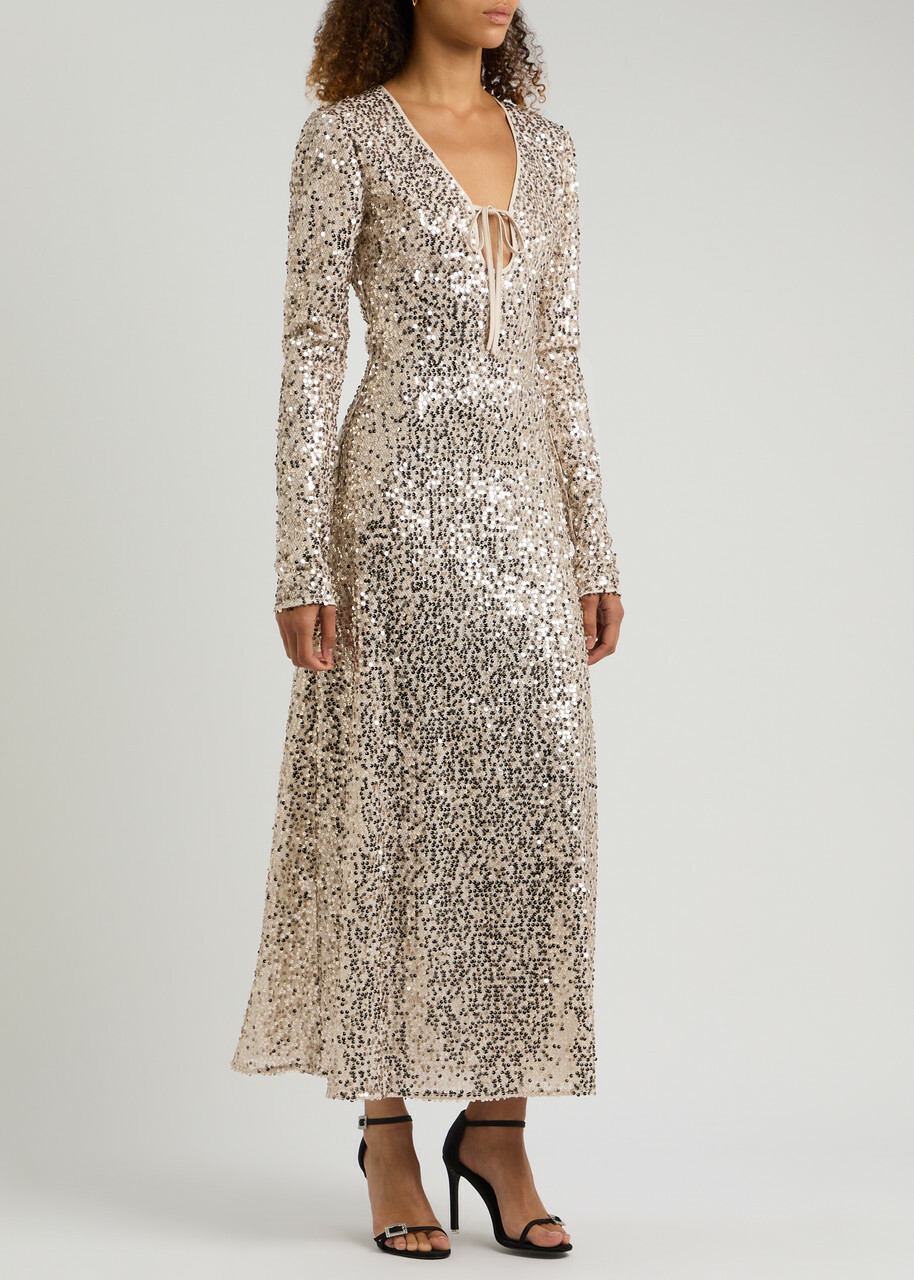 Rotate Birger Christensen Sequin-embellished Tulle Maxi Dress Nude ROTATE Birger Christensen