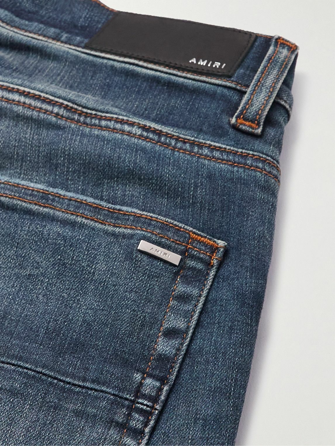 AMIRI - Skinny-Fit Leather-Appliquéd Distressed Jeans - Blue Amiri