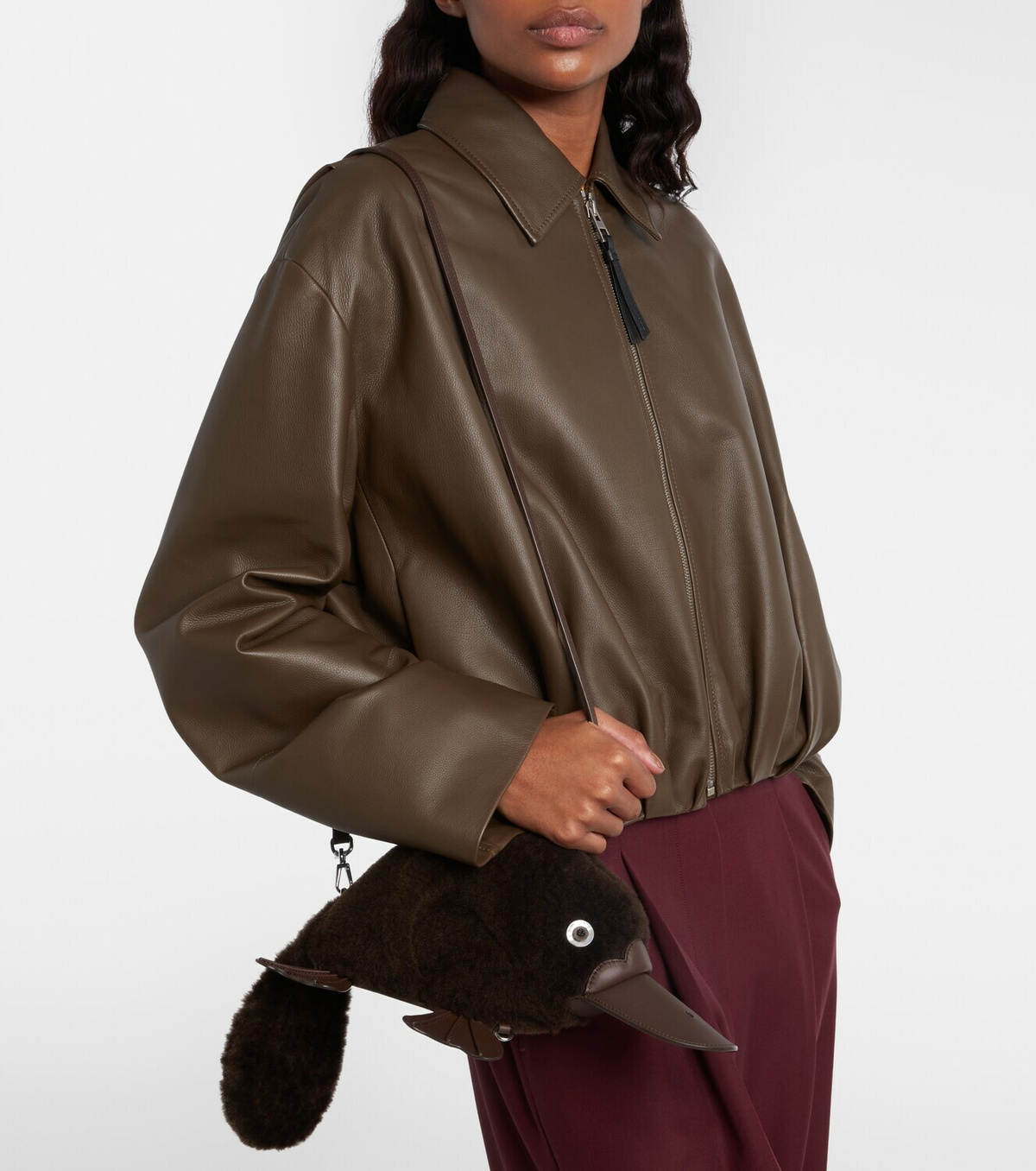 Loewe Platypus Mini leather-trimmed shearling shoulder bag Loewe
