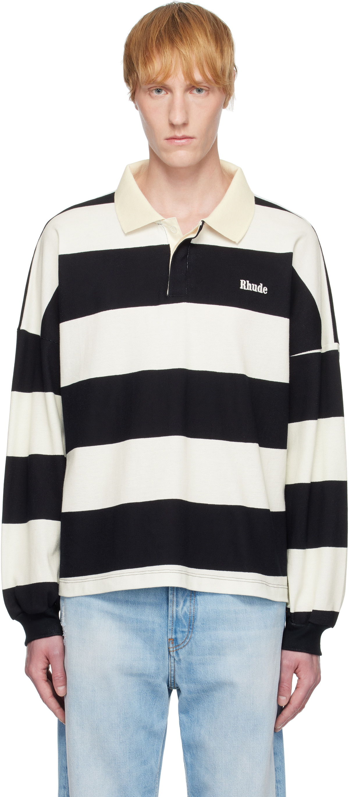 Rhude Black & White Striped Piqué Polo Rhude