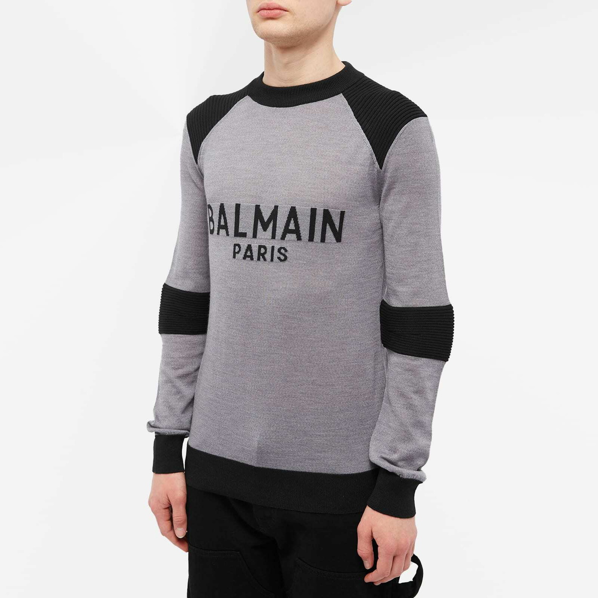 Balmain Men's Ribbed Crew Knit in Grey/Black Balmain