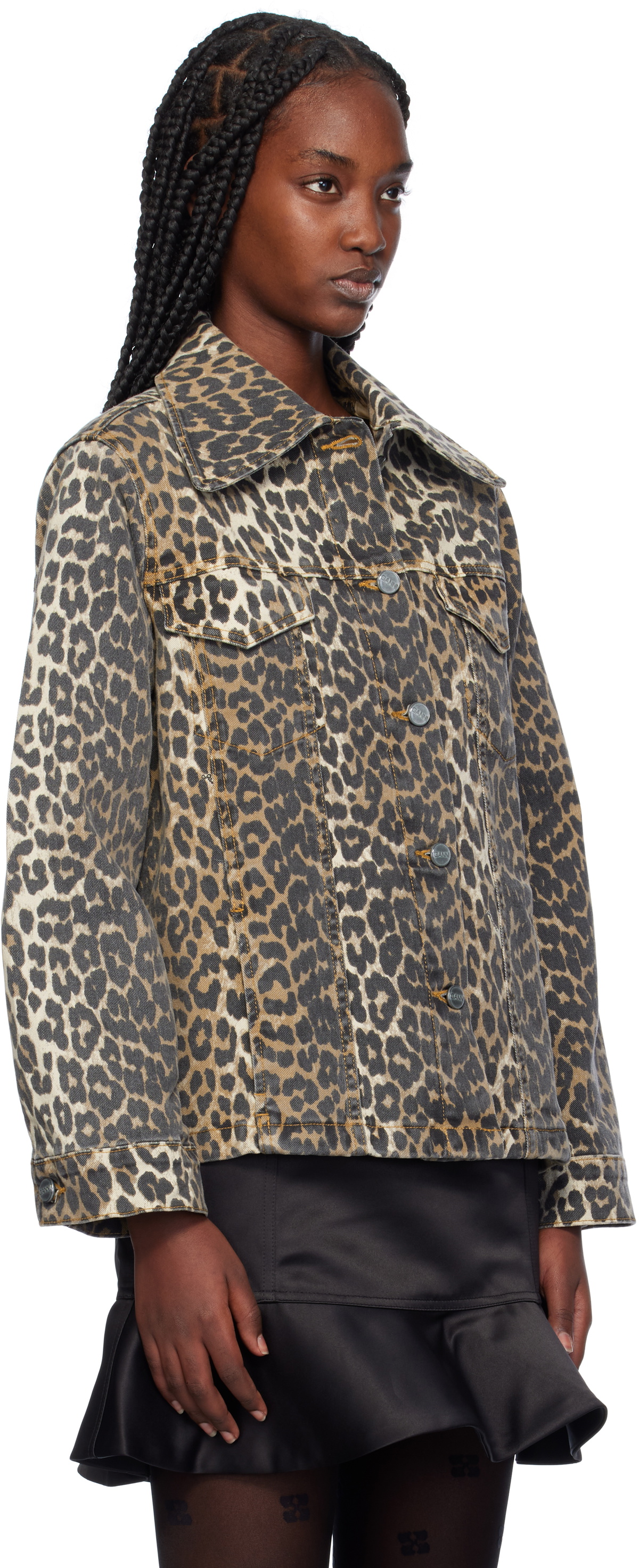GANNI Beige & Brown Leopard Printed Denim Jacket GANNI