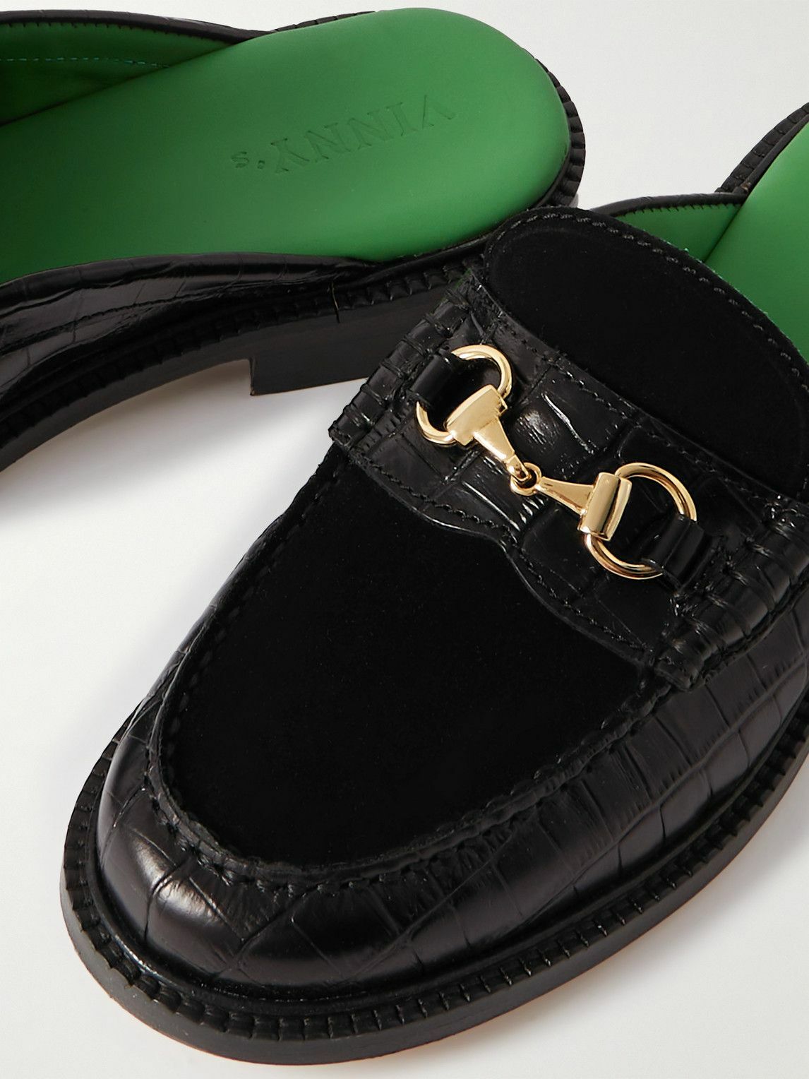 VINNY's - Suede-Trimmed Croc-Effect Leather Backless Loafers - Black VINNYs