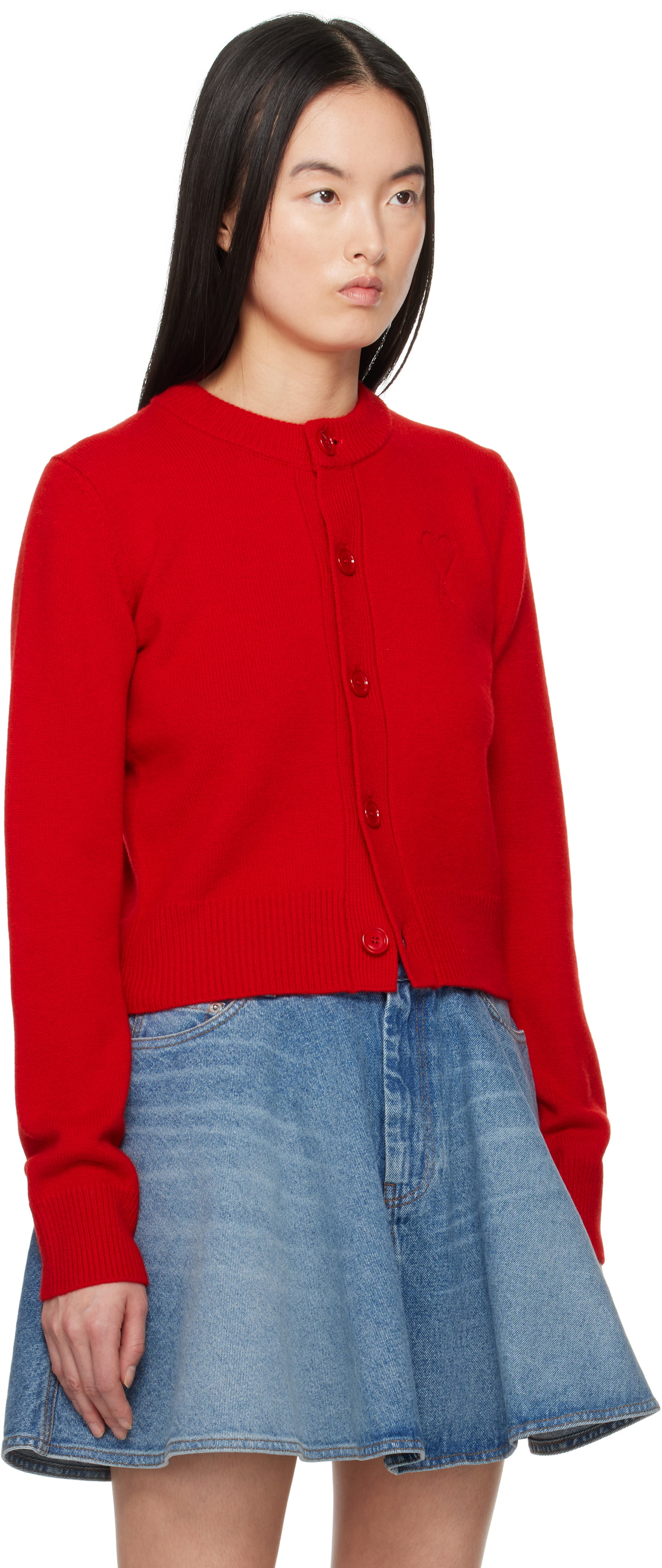 AMI Paris Red Wool Knit Ami de Coeur Crewneck Cardigan AMI