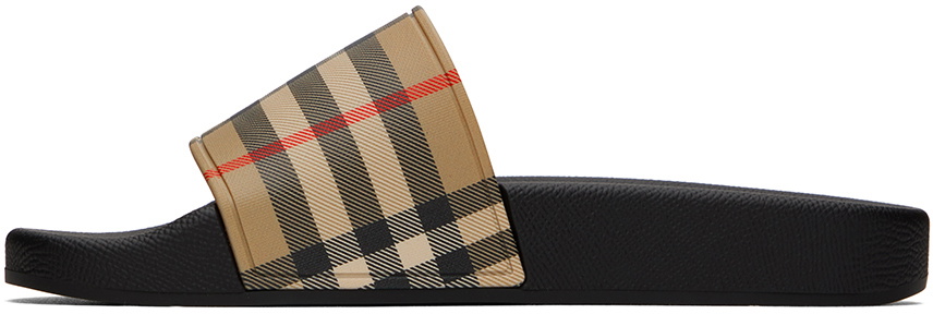 Burberry Beige & Black Check Slides Burberry