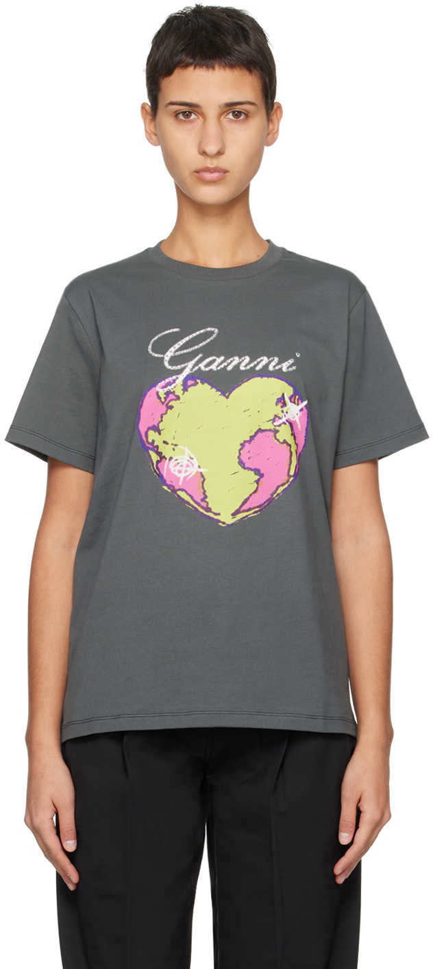 GANNI Gray Heart T-Shirt GANNI