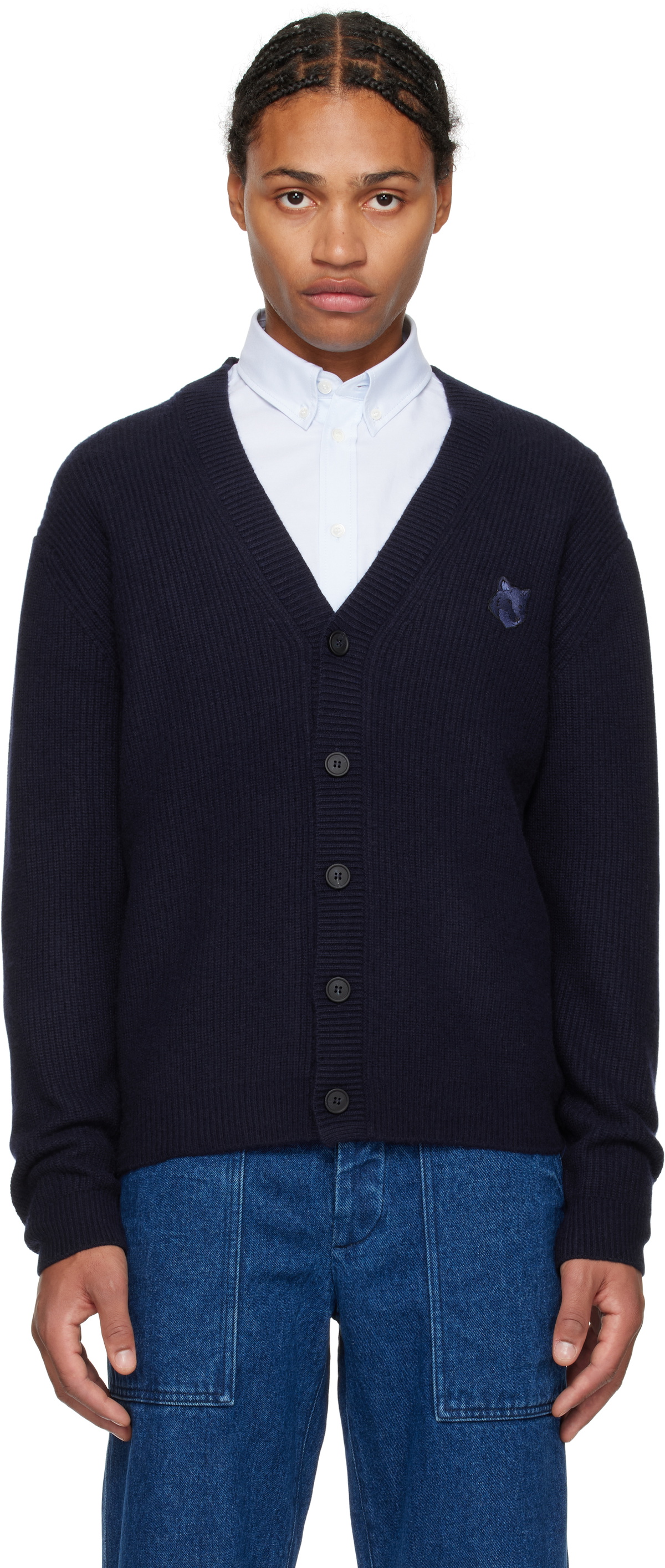 Maison Kitsuné Navy Bold Fox Head Patch Comfort Ribbed Cardigan Maison ...