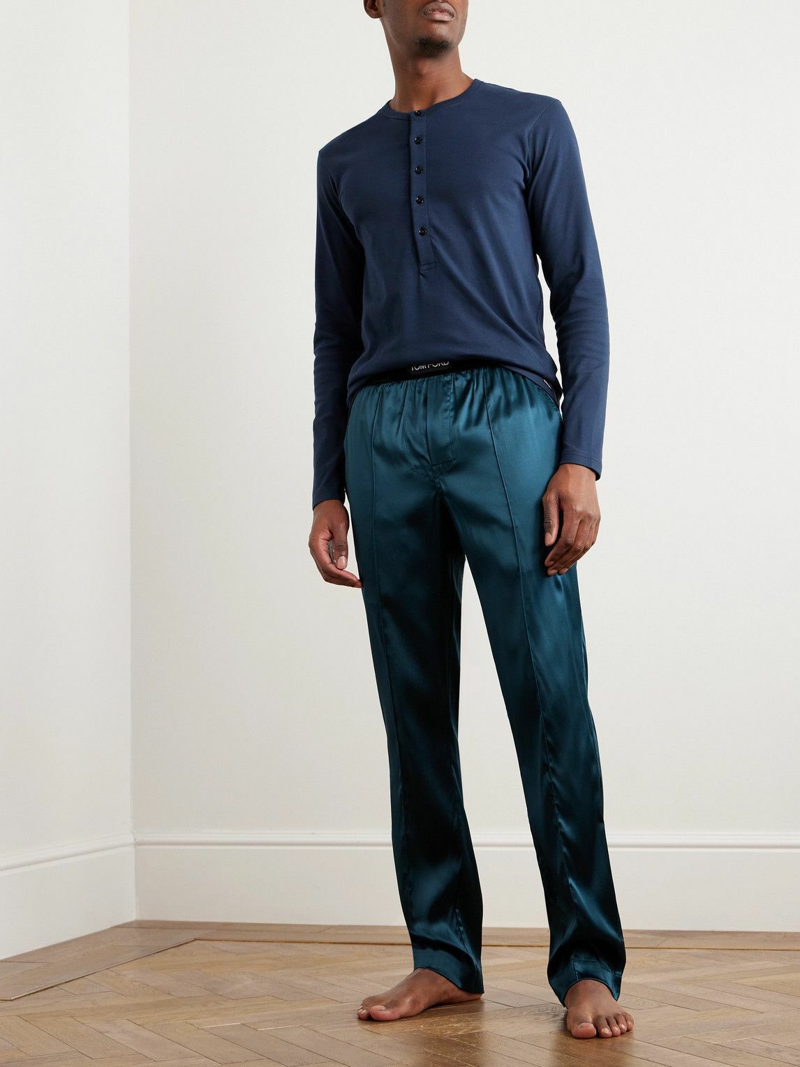 Tom Ford Velvet Trimmed Stretch Silk Satin Pyjama Trousers Blue Tom
