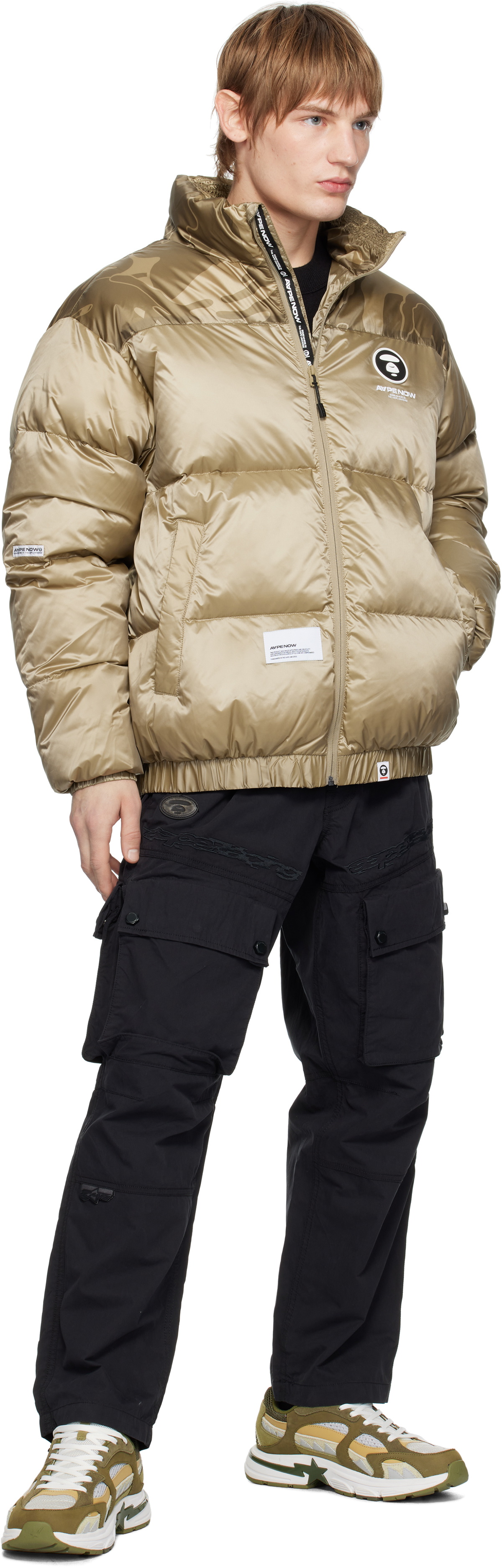 AAPE by A Bathing Ape Beige 'AAPE NOW' Moonface Logo Zip-Up Down Jacket ...