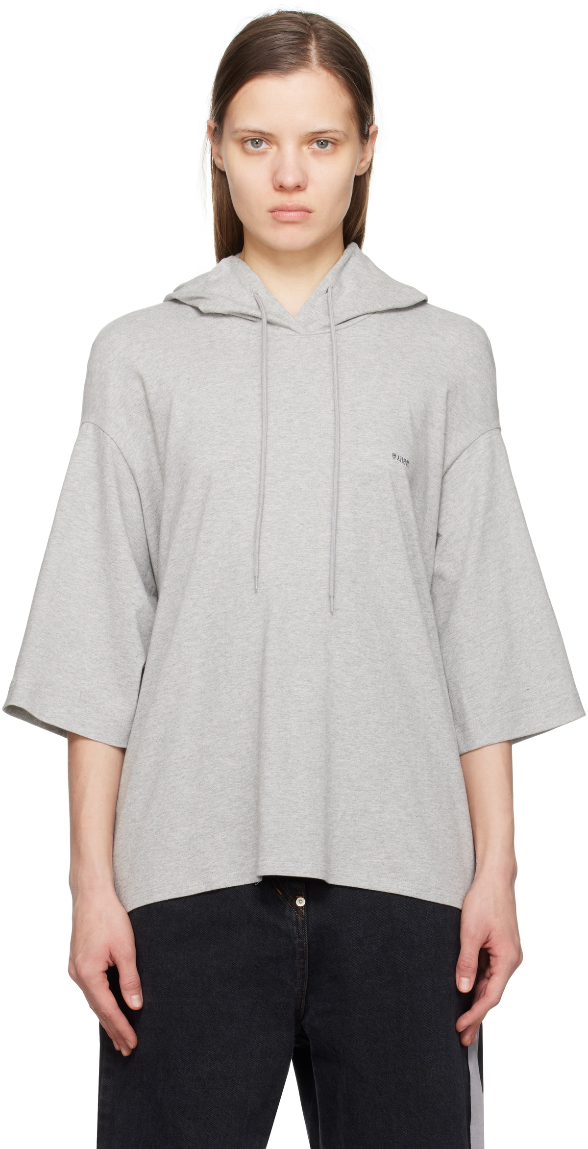 Pushbutton Gray Square Half Sleeve Hoodie Pushbutton