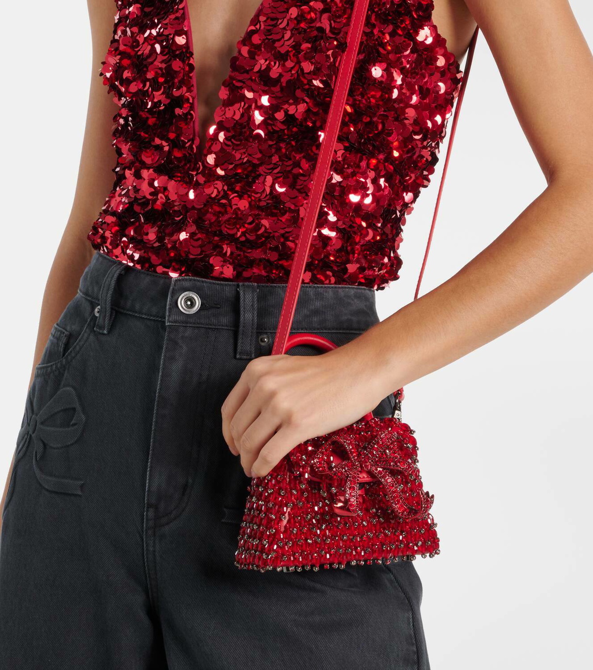 Self-Portrait Bow Micro beaded leather tote bag Self-Portrait