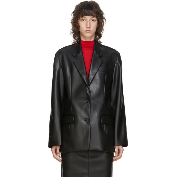 Pushbutton Black Faux-Leather and Denim Blazer Pushbutton