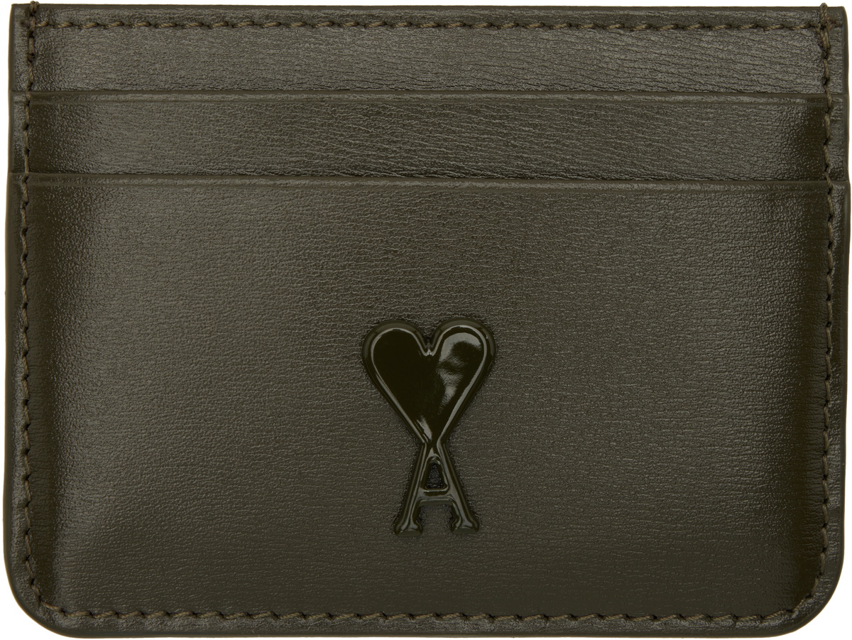 AMI Paris Khaki Leather Ami de Coeur Card Holder AMI