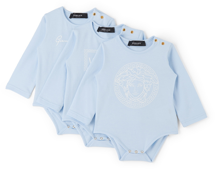 Versace Baby Three-Pack Blue Logo Bodysuits Versace