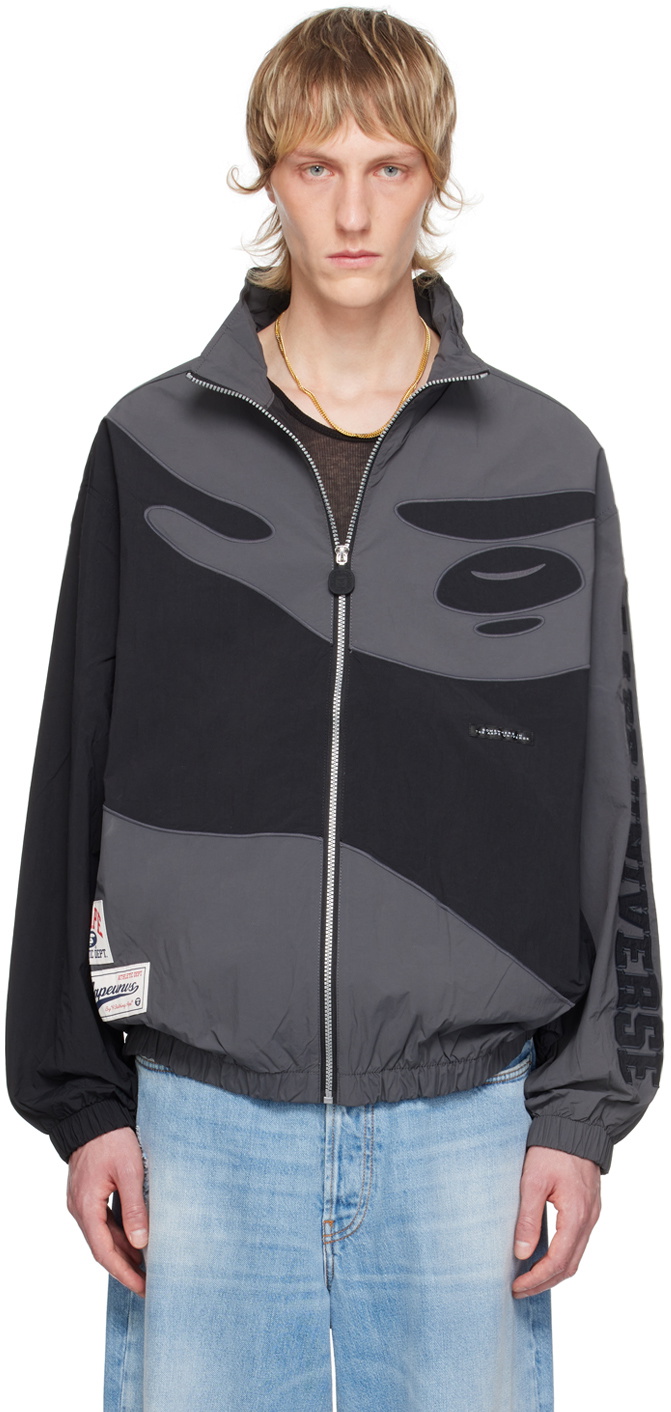AAPE by A Bathing Ape Gray & Black Embroidered Track Jacket AAPE by A Bathing Ape Gray & Black Embroidered Track Jacket