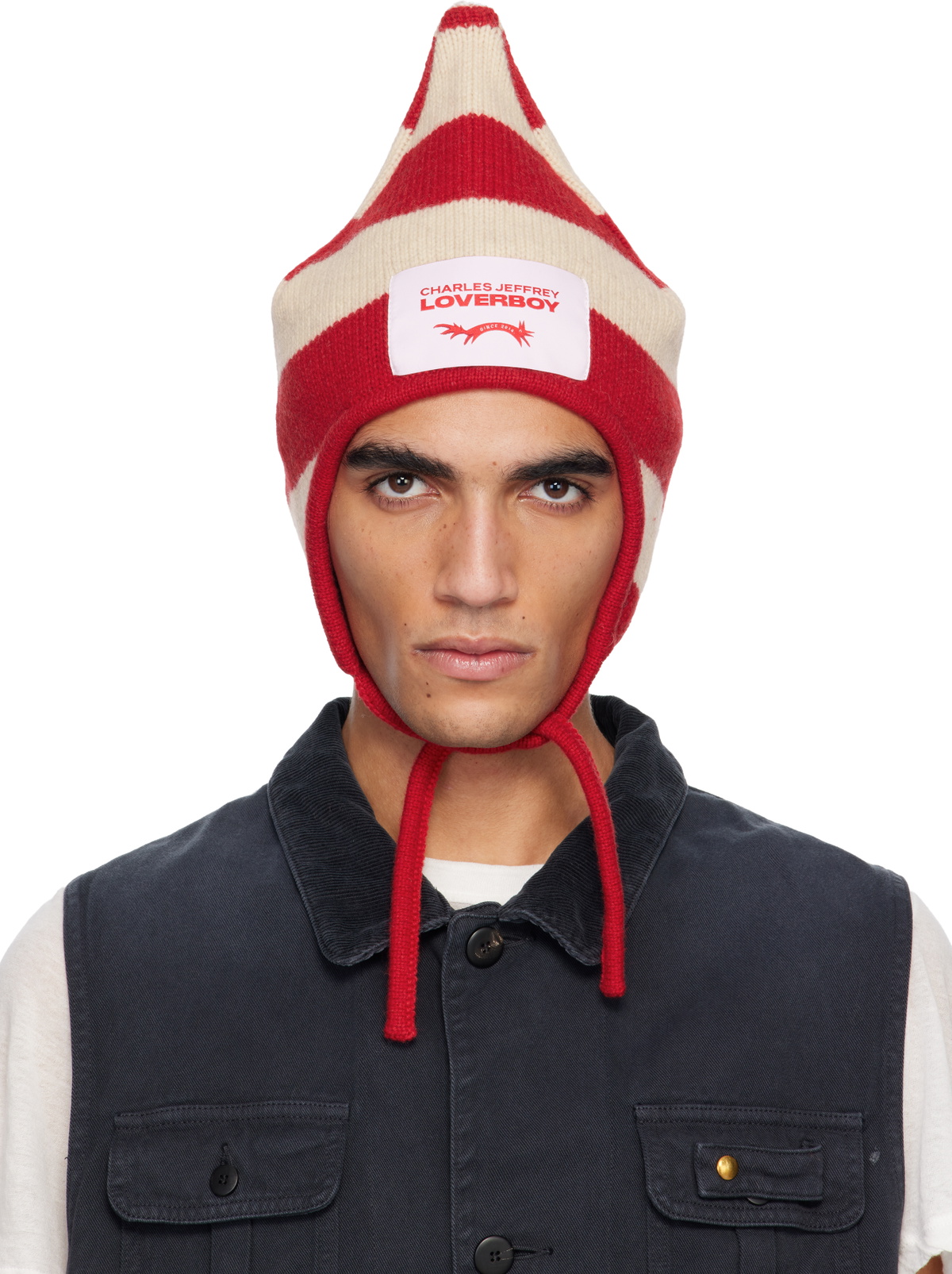 Charles Jeffrey LOVERBOY Red & Off-White Spike Bonnet Beanie Charles ...
