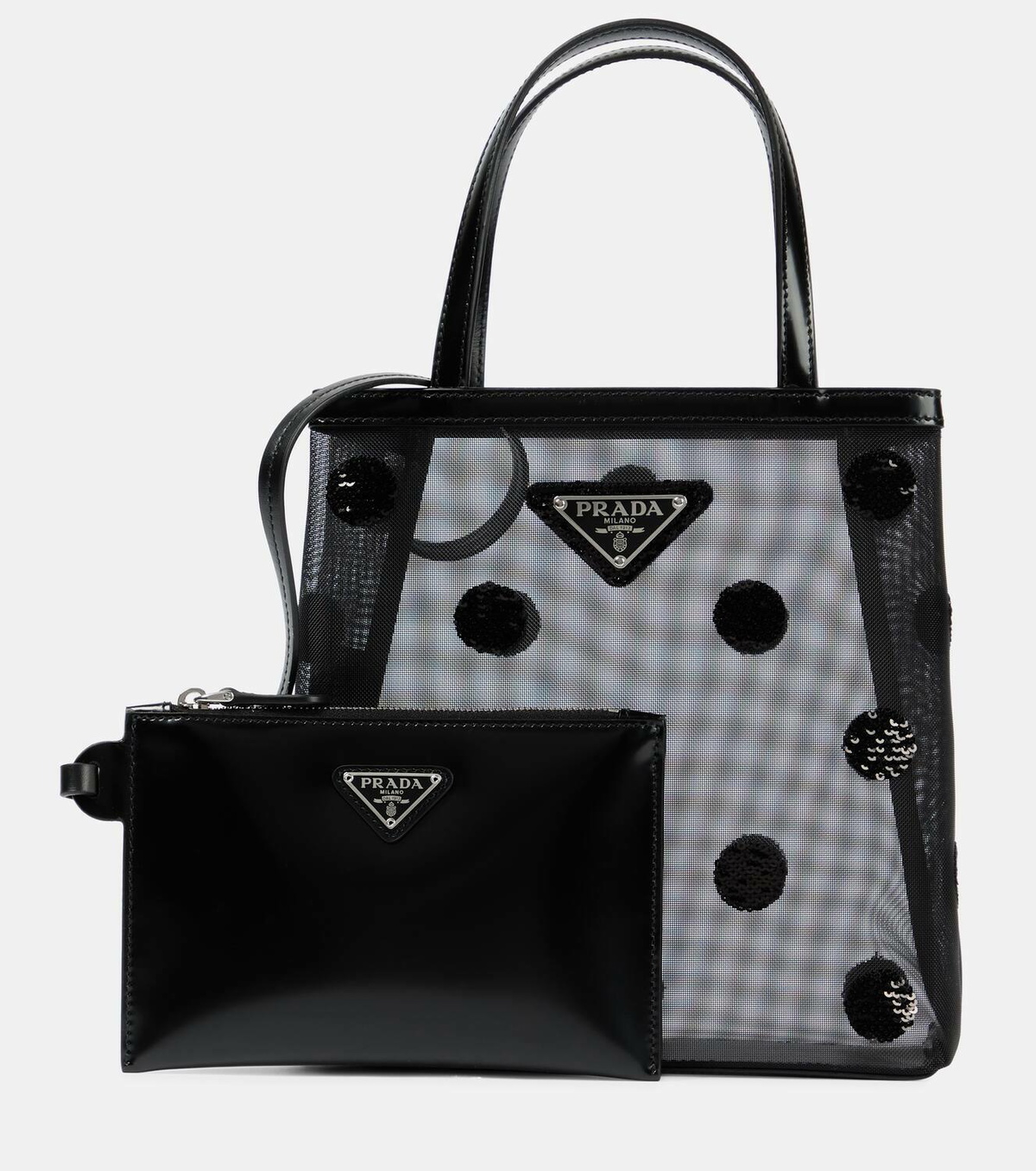 Prada Small leather-trimmed mesh tote Prada