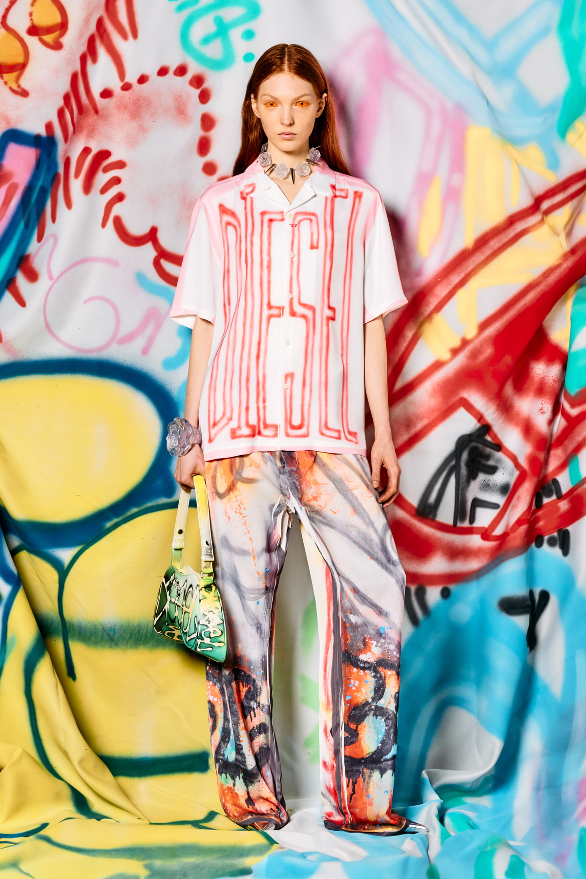 Diesel Satin bowling shirt with graffiti logo - Shirts - Unisex ...