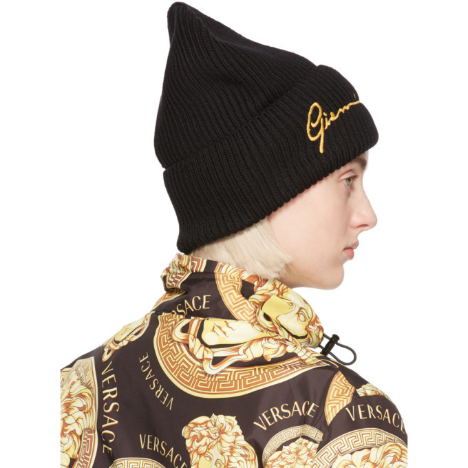 Versace Black Wool GV Signature Beanie Versace