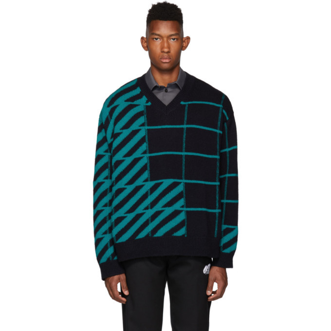 Off-White Navy and Blue Diag Panel Sweater Off-White