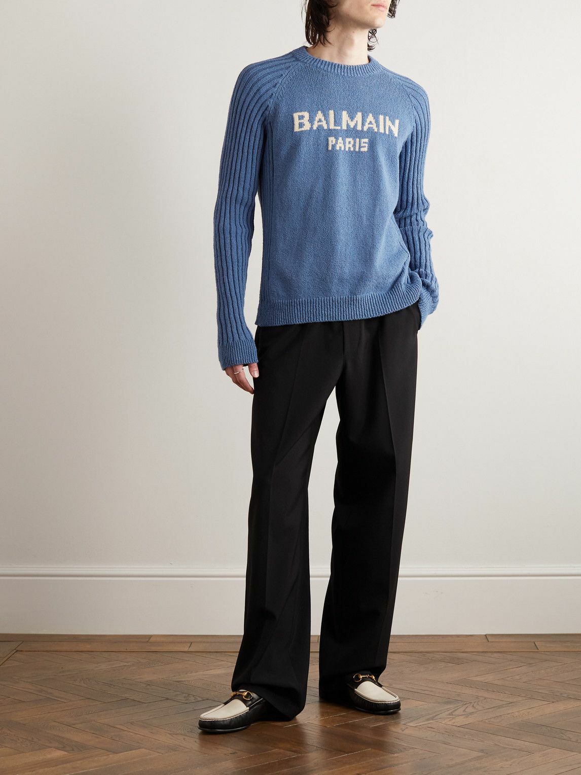 Balmain - Logo-Jacquard Cotton-Blend Sweater - Blue Balmain