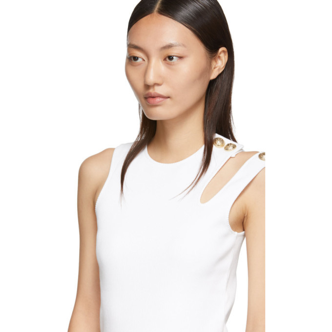 Balmain White Asymmetric 3-Button Tank Top Balmain