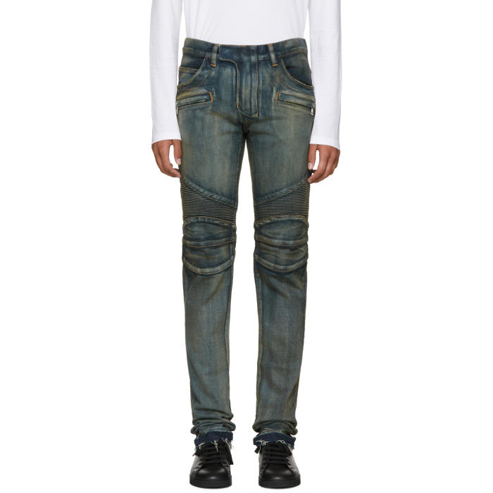 Balmain Blue Distressed Biker Jeans Balmain