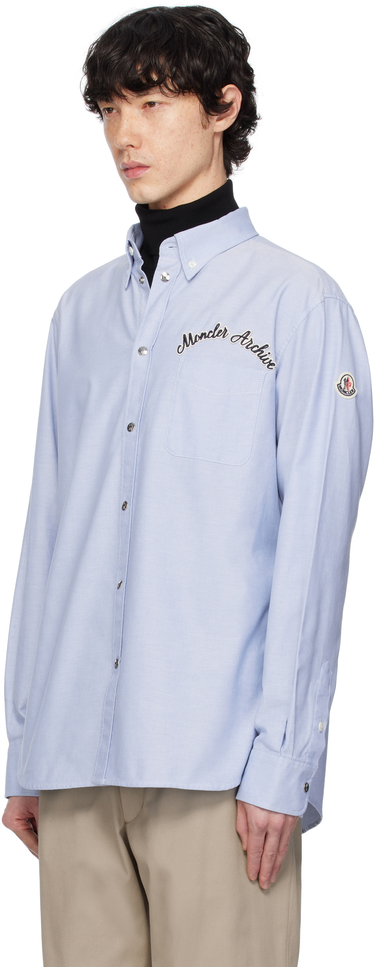 Moncler Blue Embroidered Logo Oxford Cotton Shirt Moncler