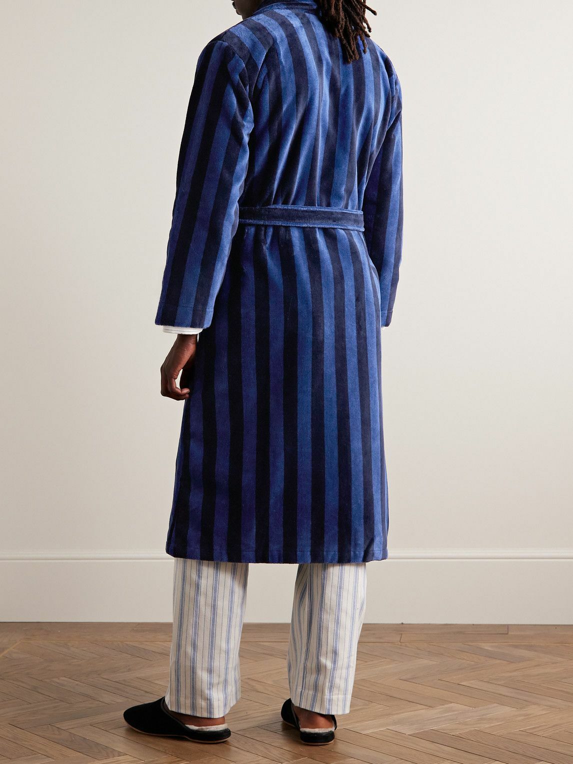 Derek Rose - Aston 36 Striped Belted Cotton-Blend Velour Robe - Blue ...